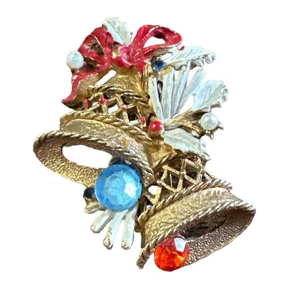 Jewelry | Vintage Holiday Bell Brooch Pin With Colorful Gemstones ...